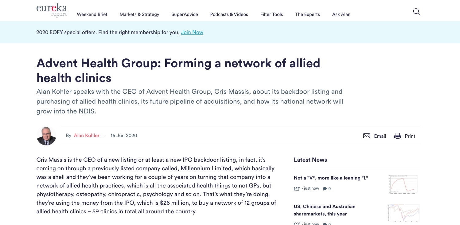 Eureka Report – Advent Health Group: Forming a network of allied health ...